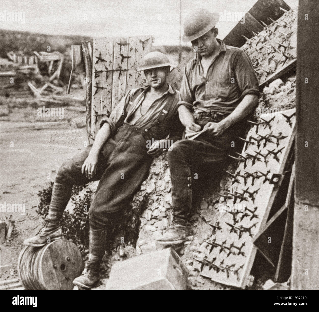 WORLD WAR I: SPIKED BOARDS. /nAllied soldiers posing with spiked boards ...