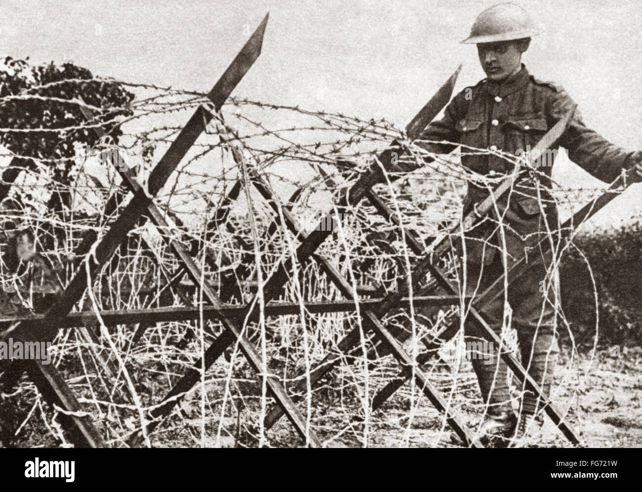 WORLD WAR I: BARBED WIRE. /n'Formidable wire entanglement with a frame ...
