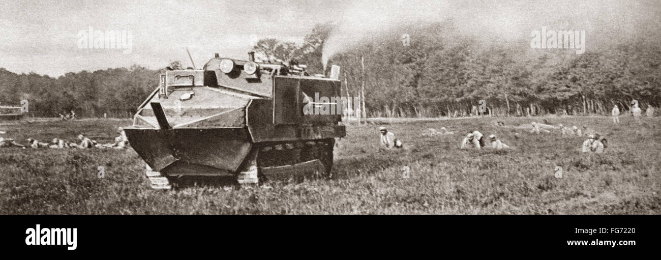 WORLD WAR I: FRENCH TANK. /nA French tank advancing on a battlefield ...