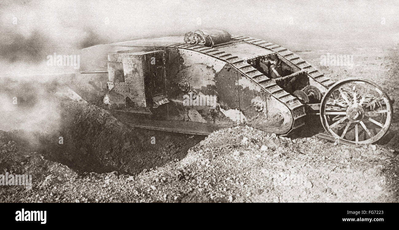 WORLD WAR I: BRITISH TANK. /nA British tank spanning an enemy trench ...