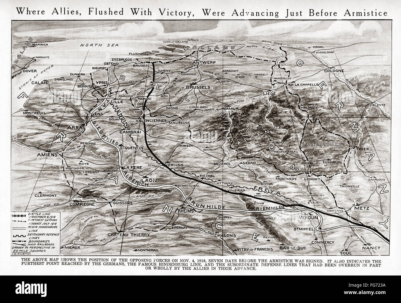 WORLD WAR I: MAP, 1918. /nMap showing the position of forces on 4 ...