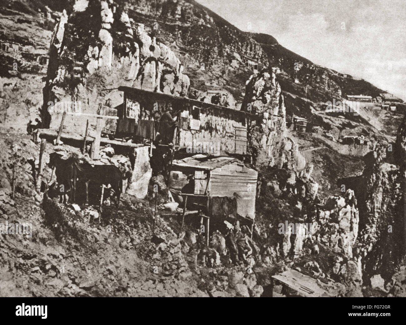 WORLD WAR I: ITALIAN HUTS. /nItalian shelter huts along the steep side ...