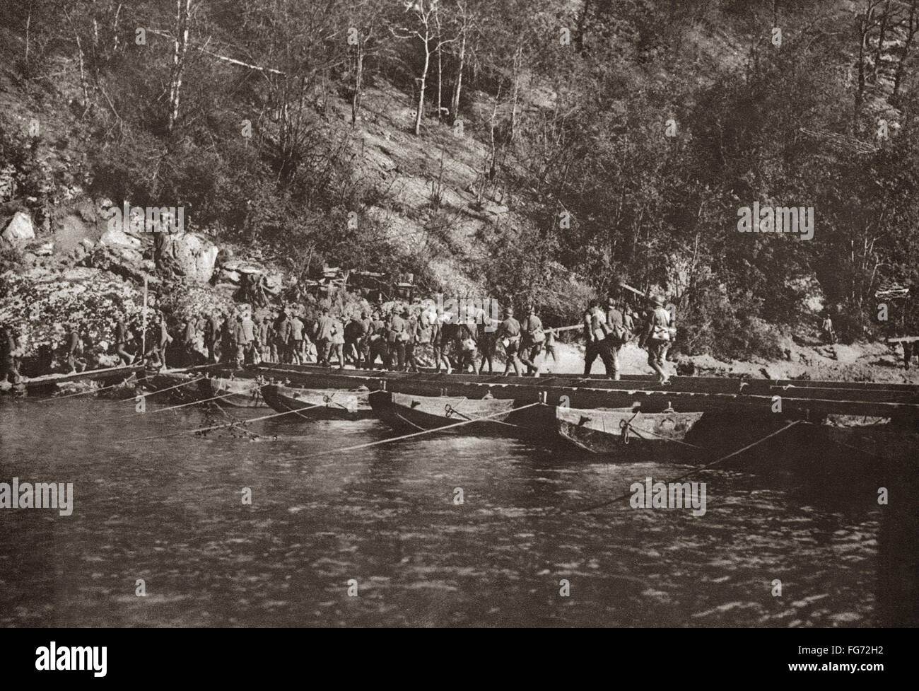 WWI: PONTOON BRIDGE. /nItalian pontoon bridge over the Isonzo River ...