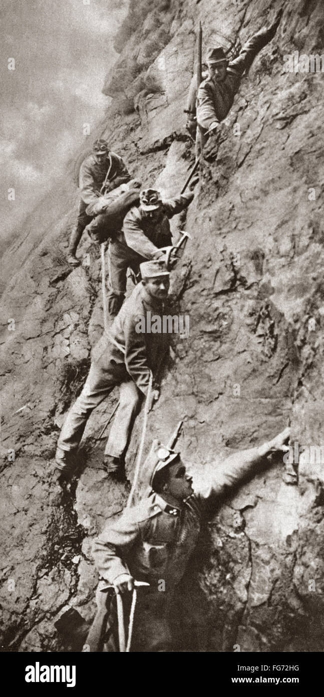 WORLD WAR I: ITALIAN ALPS. /nTroops clinging to a cliffside in the ...