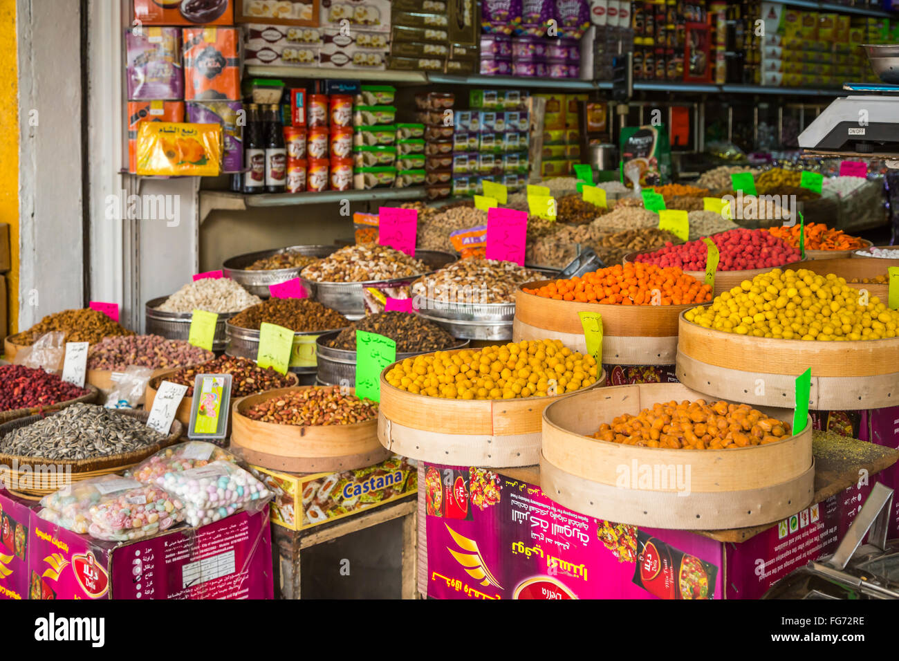 Closeup of fresh fruits and nuts in the shops of old Amman, Hashemite ...