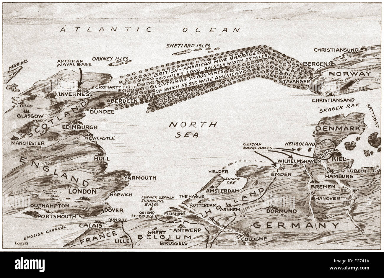 WORLD WAR I: NORTH SEA. /nMap of American mine-laying operations in the ...