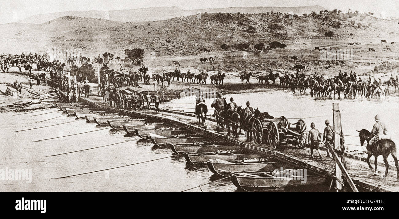 WWI: BRITISH IN AFRICA. /nBritish mounted troops crossing a pontoon ...