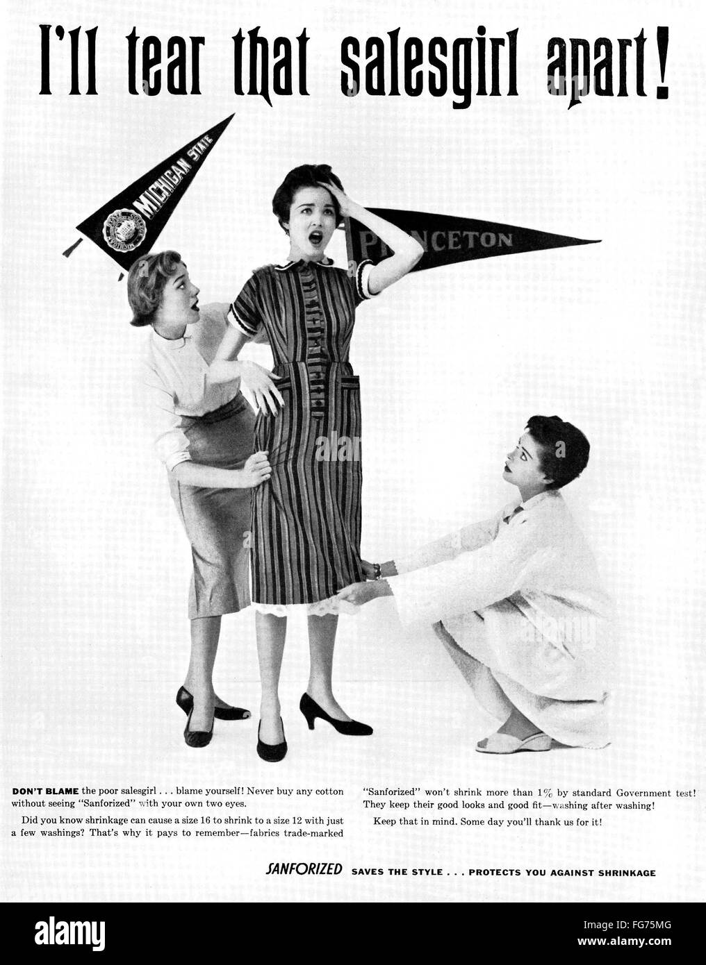 AD: SANFORIZED, 1954. /nAmerican advertisement for Sanforized fabric ...