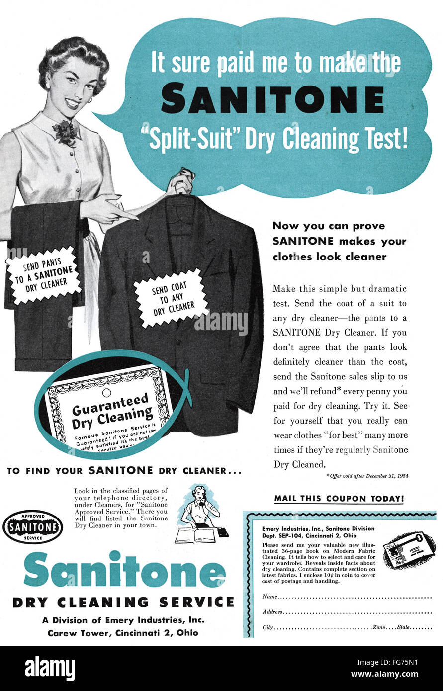 AD: SANITONE, 1954. /nAmerican advertisement for Sanitone Dry Cleaning ...