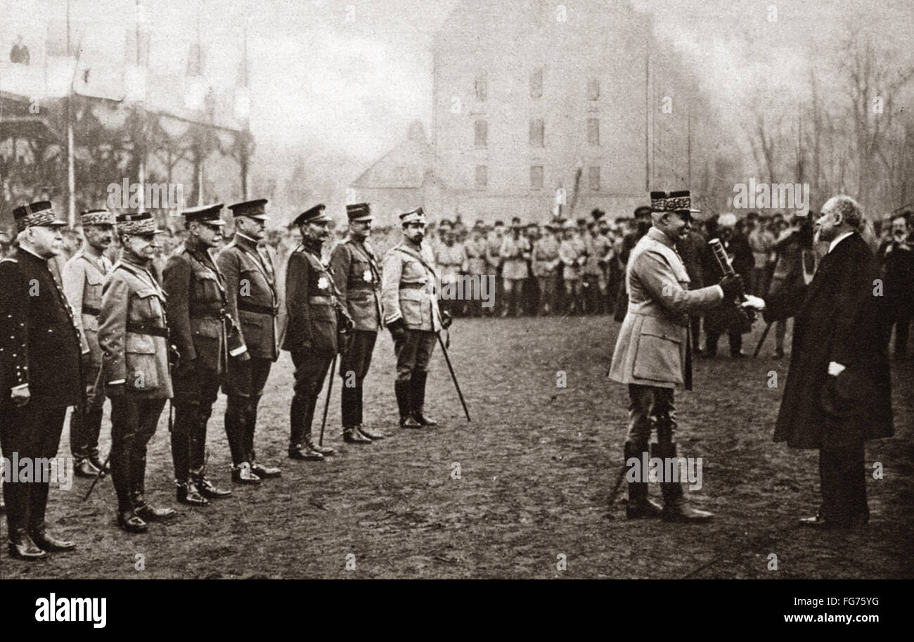 WORLD WAR I: BATON, 1918. /nGeneral Henri Petain being presented with ...