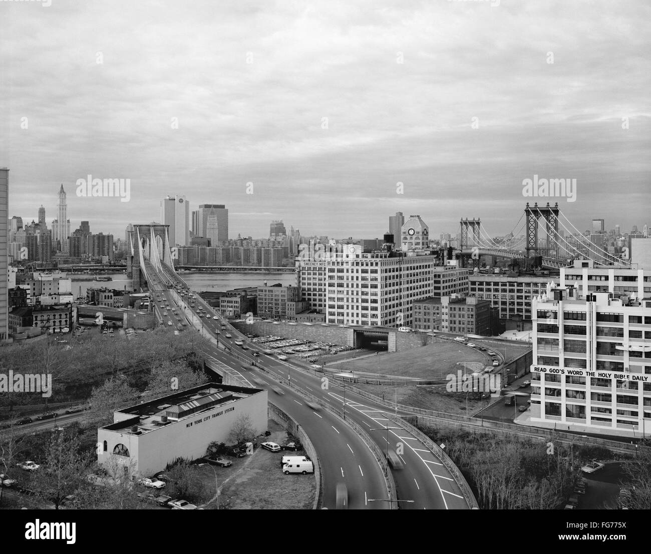 BROOKLYN BRIDGE, 1982. /nView of the Brooklyn Bridge access ramp with ...
