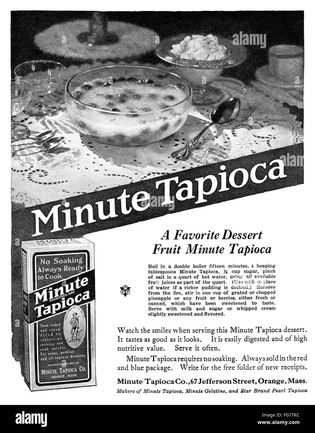 AD: MINUTE TAPIOCA, 1922. /nAmerican advertisement for Minute Tapioca ...