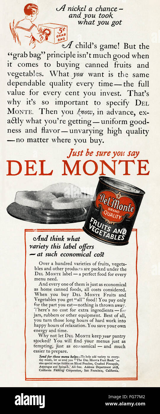 AD: DEL MONTE, 1927. /nAmerican advertisement for Del Monte canned ...