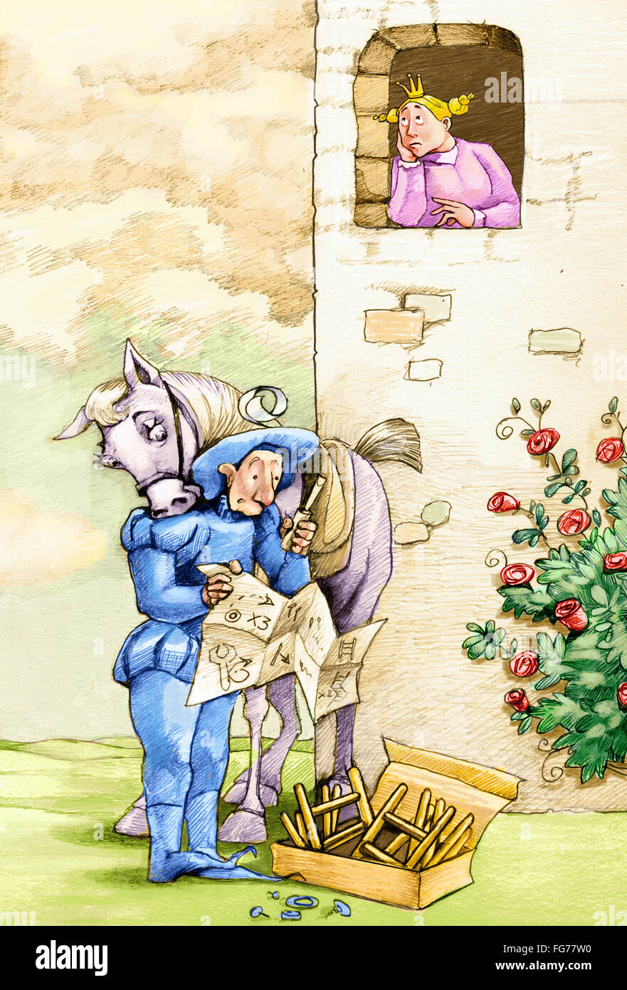 Bumbling prince fails to mount a ladder to reach a princess that lift ...