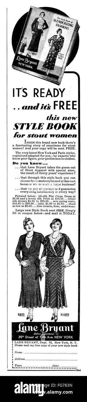 AD: LANE BRYANT, 1932. /nAmerican advertisement for a Lane Bryant ...
