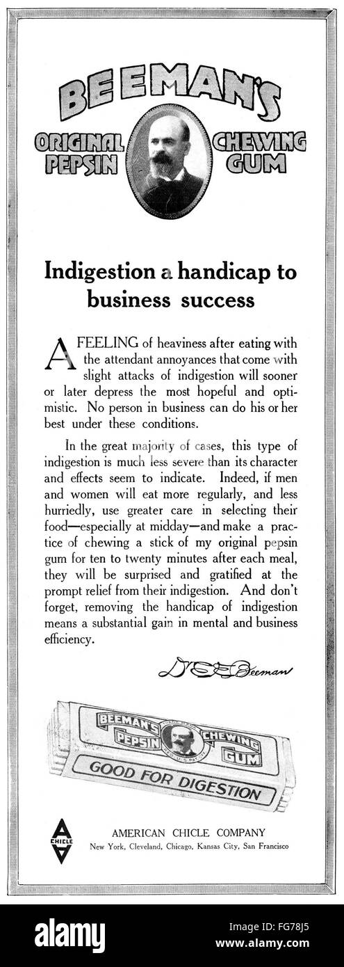 AD: CHEWING GUM, 1919. /nAmerican advertisement for Beeman's Original ...