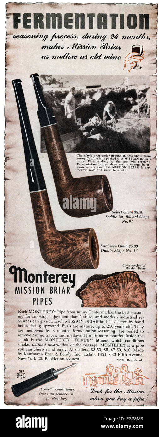 AD: PIPE, 1947. /nAmerican advertisement for Monterey Million Briar ...