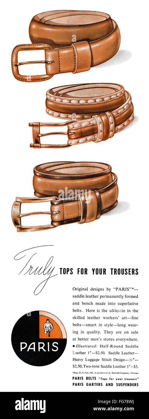 AD: PARIS BELTS, 1947. /nAmerican advertisement for Paris Belts, 1947 ...