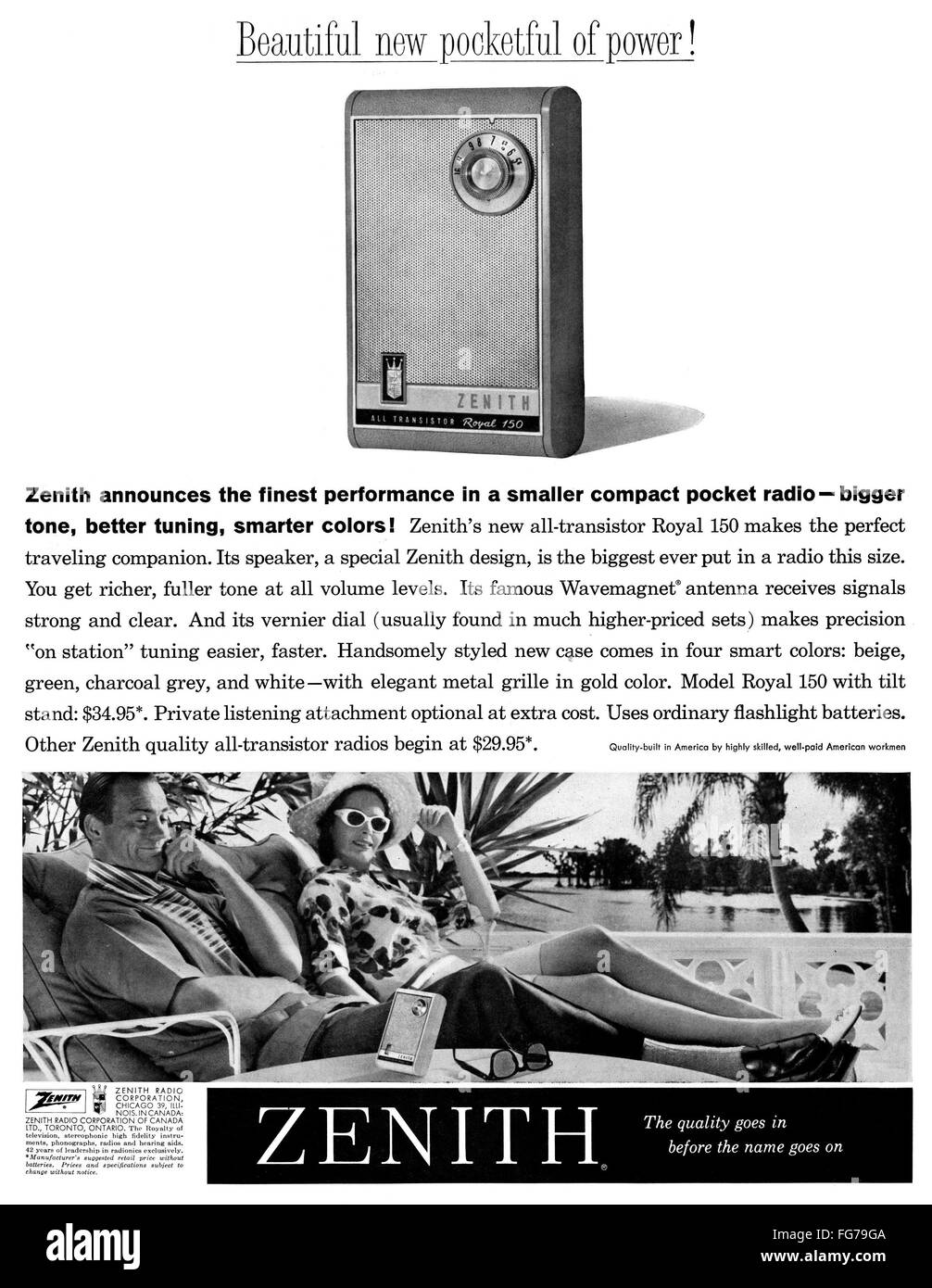 AD: ZENITH, 1961. /nAmerican advertisement for Zenith's all-transistor ...