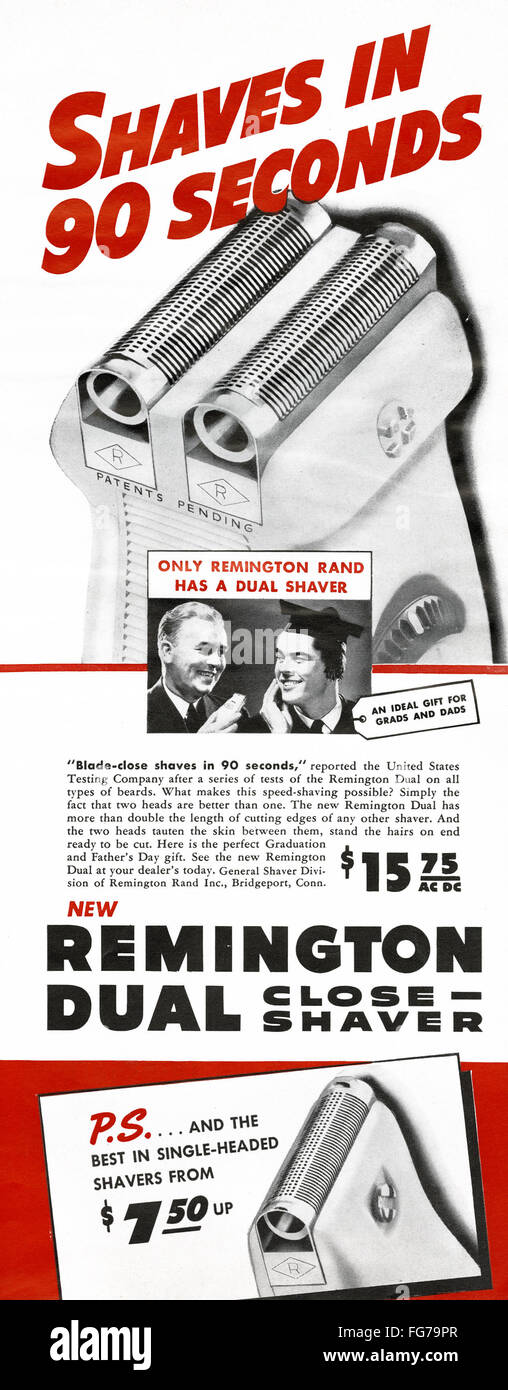 AD: ELECTRIC RAZOR,1940. /nAmerican advertisement for the Remington ...