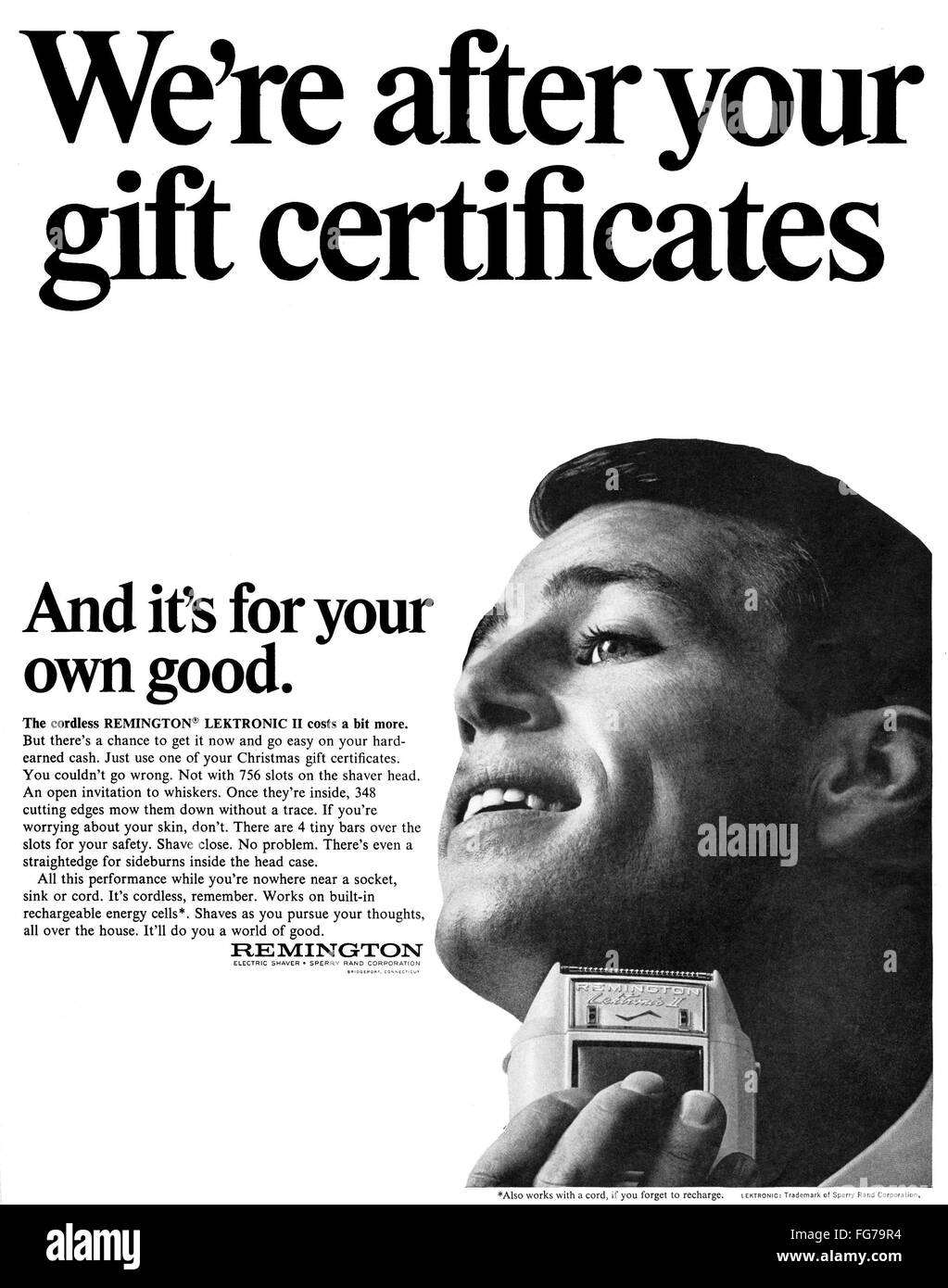 AD: ELECTRIC RAZOR, 1964. /nAmerican advertisement for Remington ...