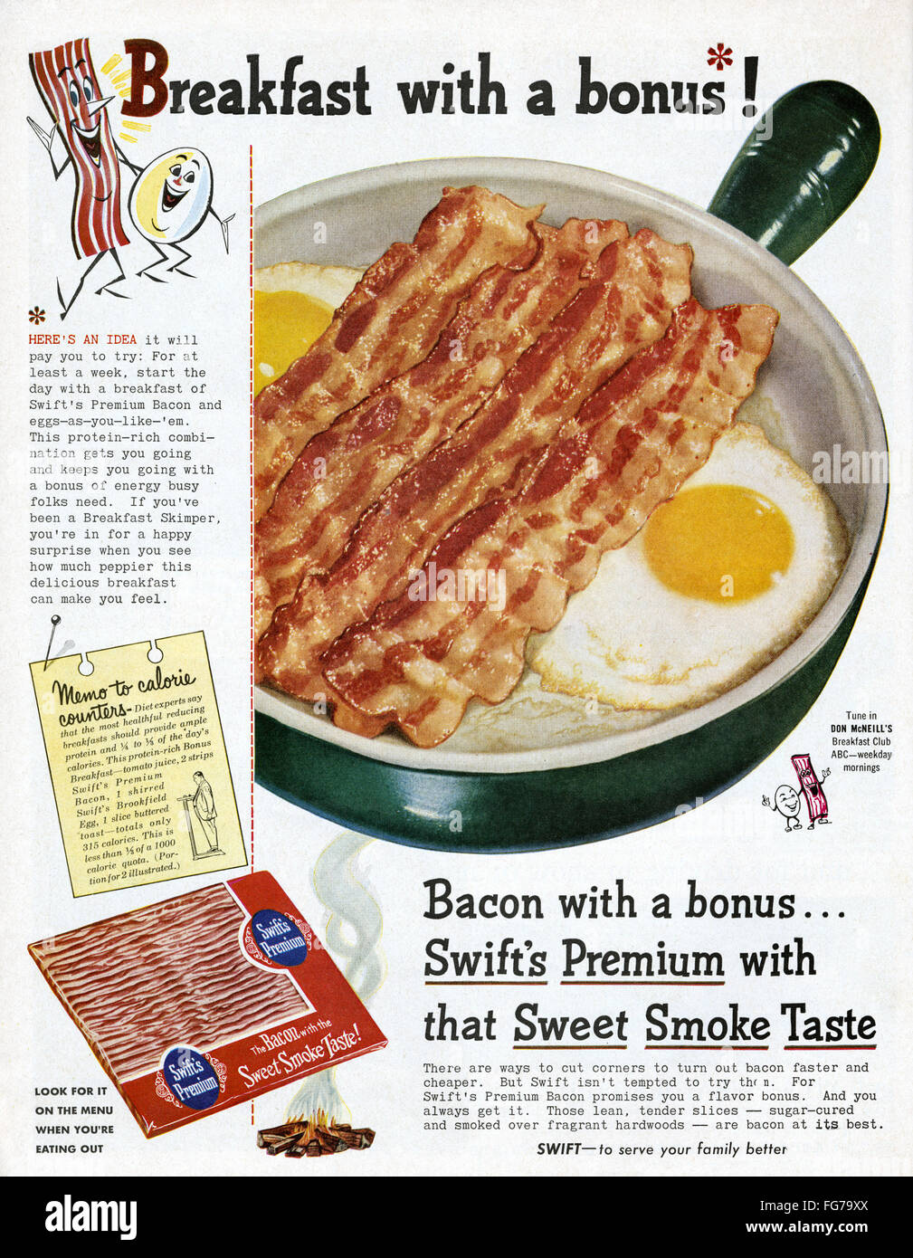 AD: BACON, 1954. /nAmerican advertisement for Swift's Premium Bacon ...