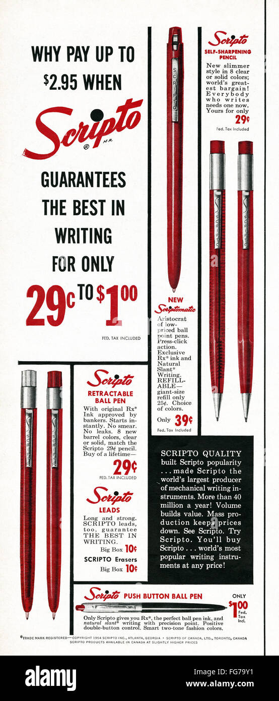AD: SCRIPTO PENS, 1954. /nAmerican advertisement for Scripto Pens, 1954 ...