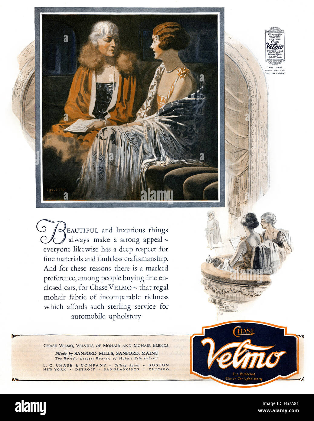 AD: AUTOMOBILE UPHOLSTERY. /nAmerican advertisement for Chase Velmo ...
