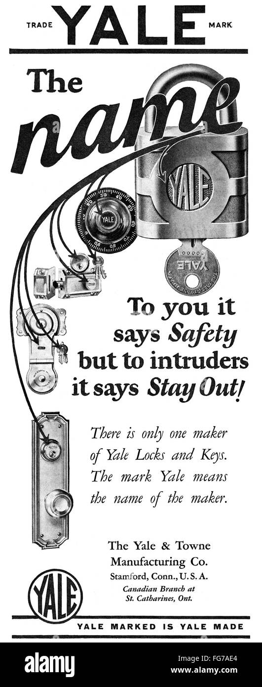 AD: YALE LOCKS, 1927. /nAmerican advertisement for Yale locks, a ...