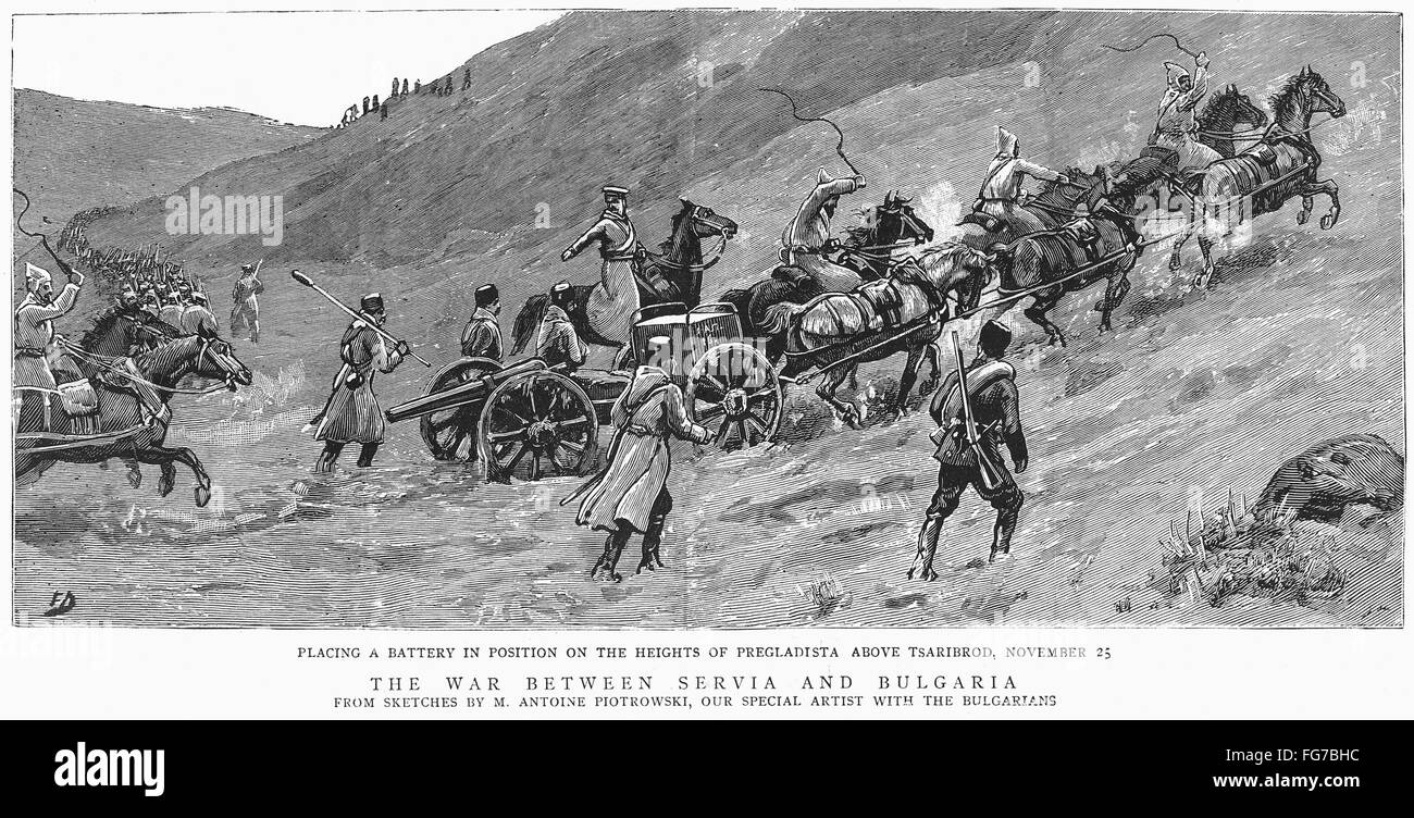 SERBO-BULGARIAN WAR, 1885. /nPlacing a battery into position near ...