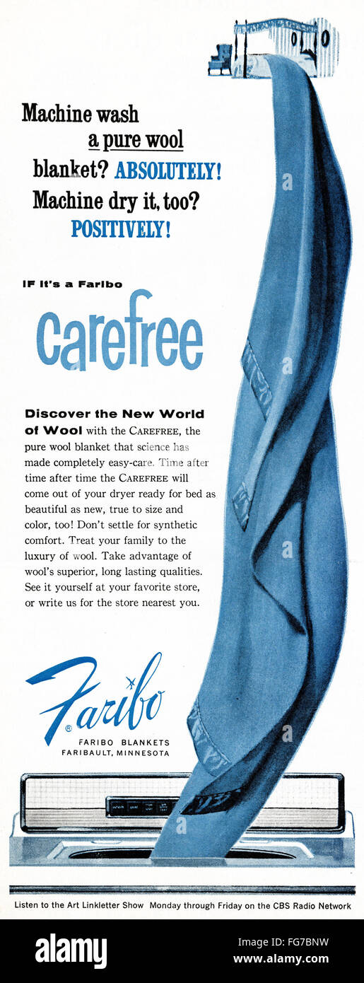 AD: WOOL BLANKET, 1963. /nAmerican advertisement for Farbo Carefree ...