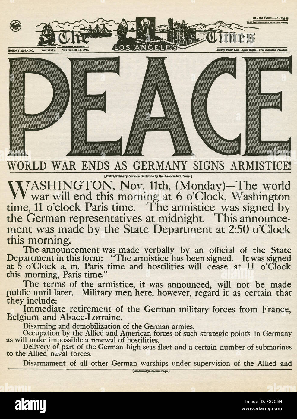 WWI: ARMISTICE, 1918. /nThe front page of 'The Los Angeles Times,' 11 ...