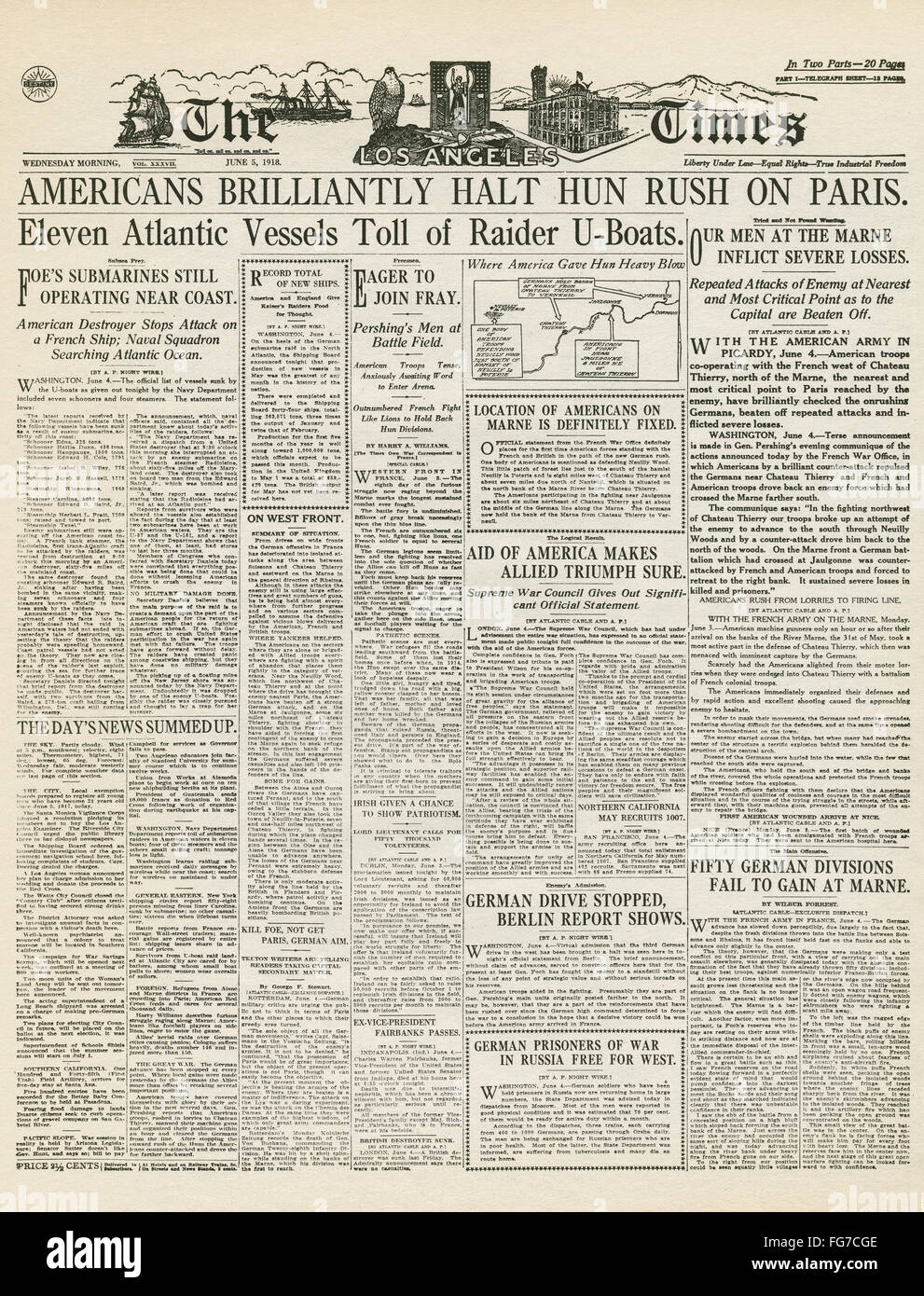 WWI: NEWSPAPER, 1918. /nThe front page of 'The Los Angeles Times,' 5 ...