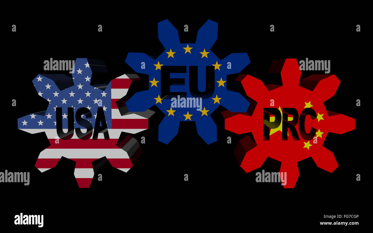 USA EU China flag cogs illustration Stock Photo - Alamy