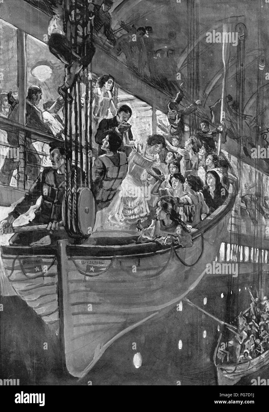 TITANIC: LIFEBOATS, 1912. /nWomen and children being loaded into ...