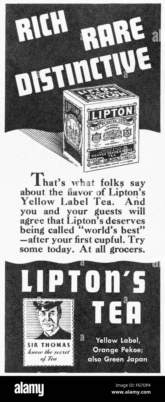 AD: LIPTON'S TEA, 1937. /nAmerican magazine advertisement for Lipton's ...
