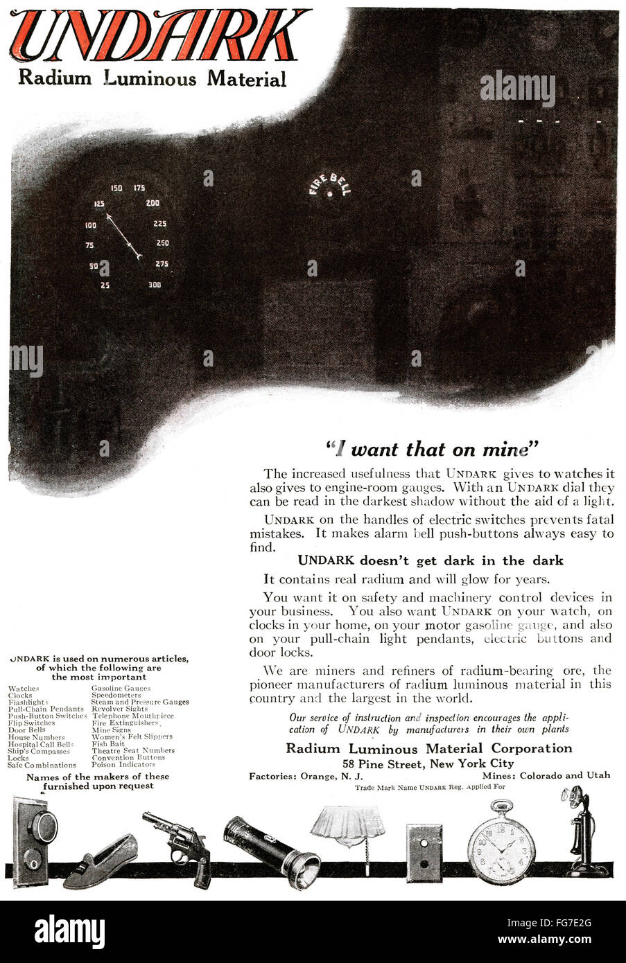 AD: UNDARK, 1920. /nAmerican advertisement for Undark Radium Luminous ...