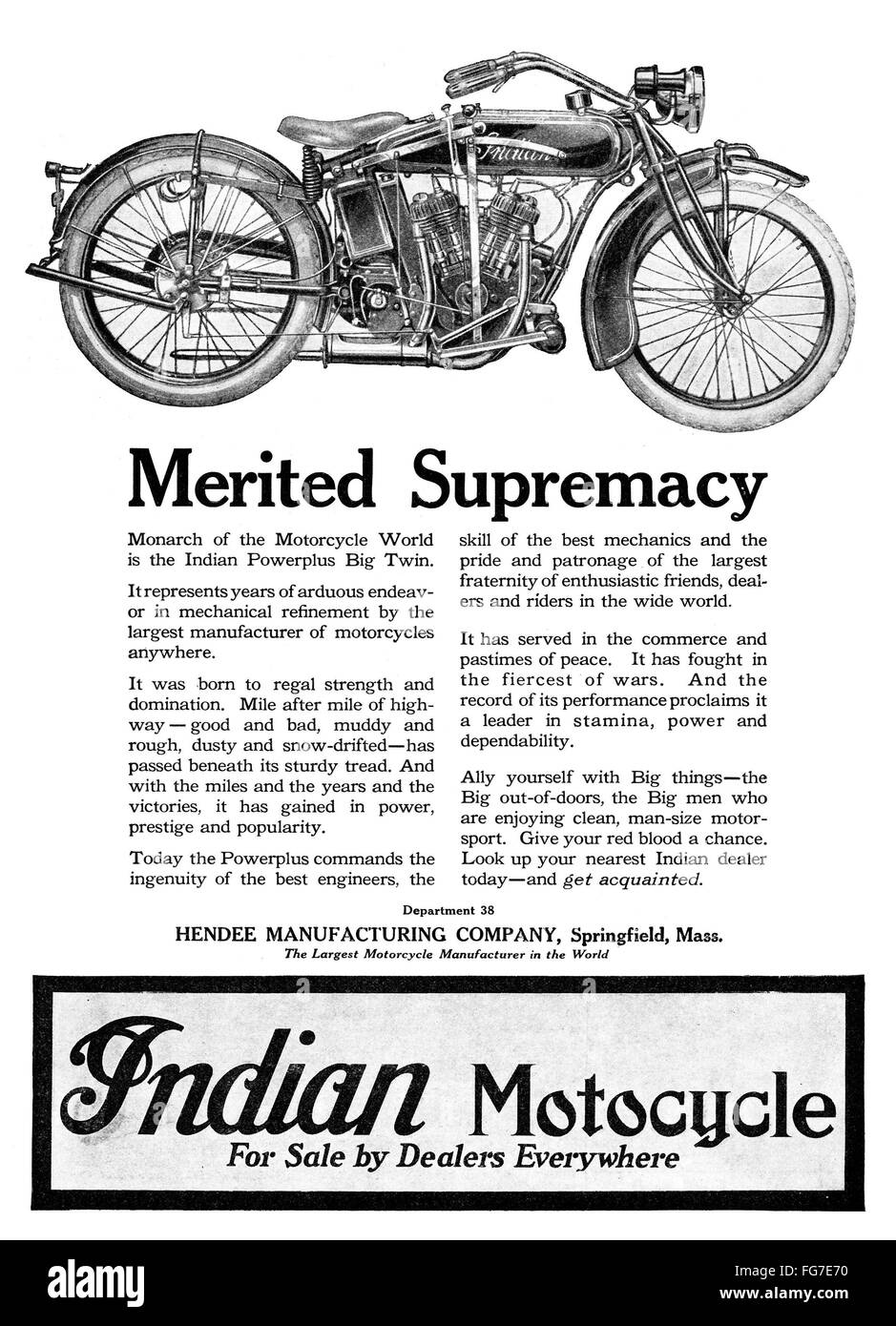 AD: INDIAN MOTOCYCLE, 1920. /nAmerican advertisement for Indian ...