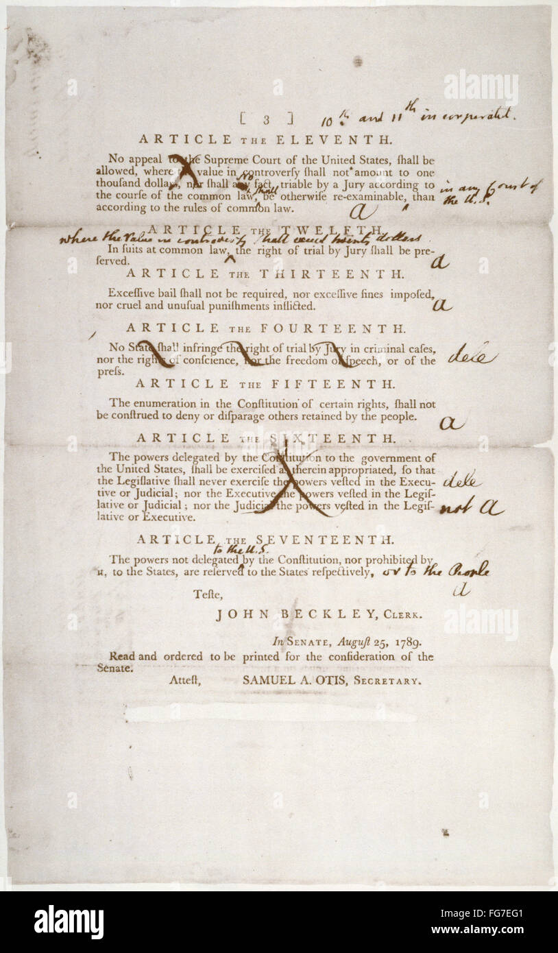 BILL OF RIGHTS, 1789. /nDraft of the Bill of Rights; Senate revisions ...