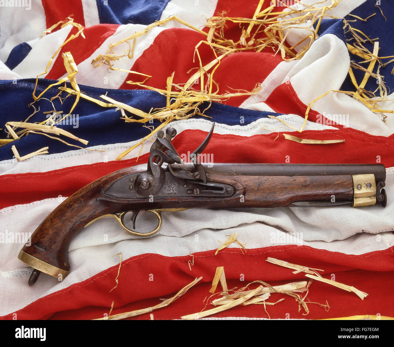 Antique British firearm against Union Jack flag, London, England ...