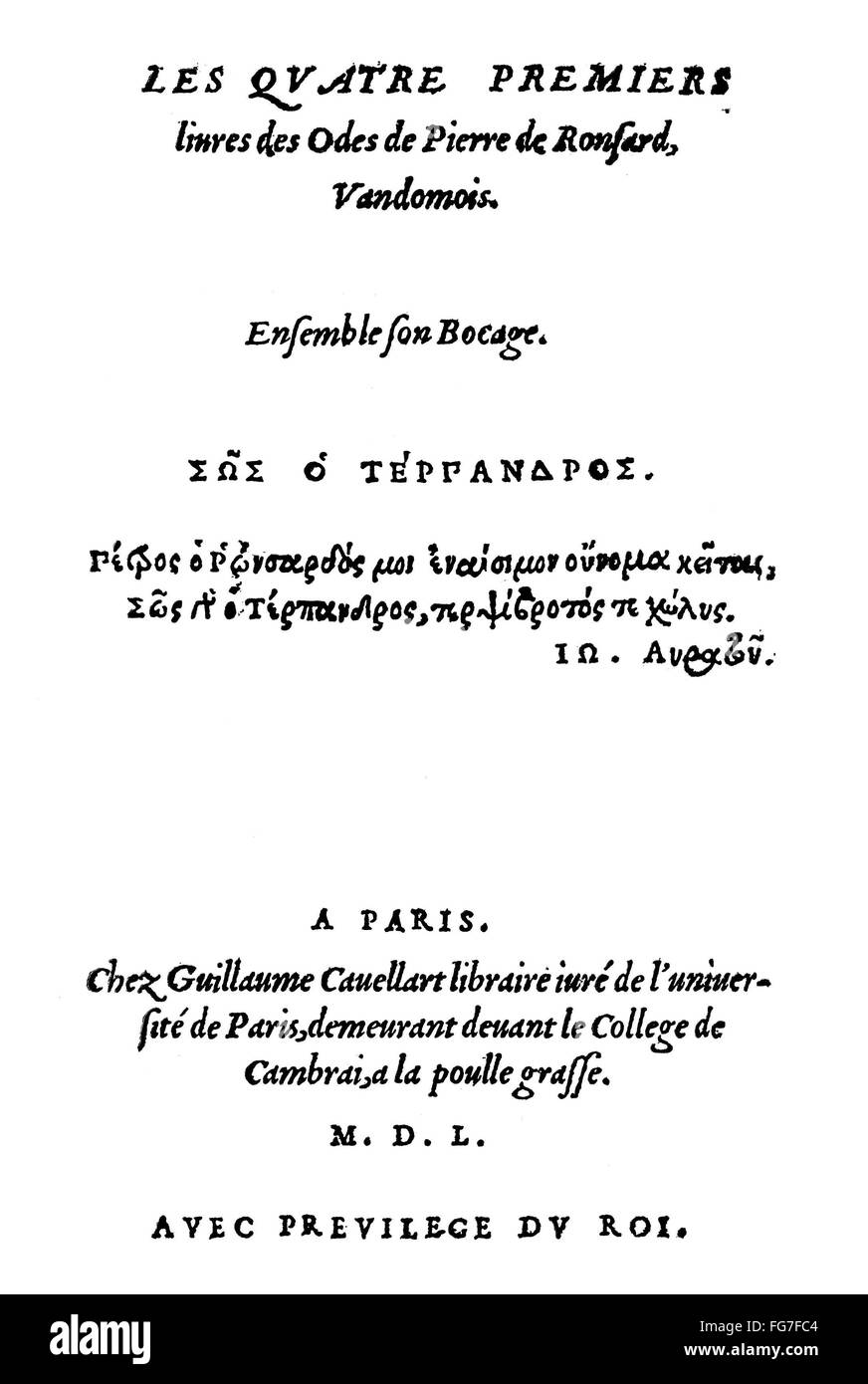 RONSARD: ODES, 1550. /nTitle page of the first edition of 'Les Quatre ...