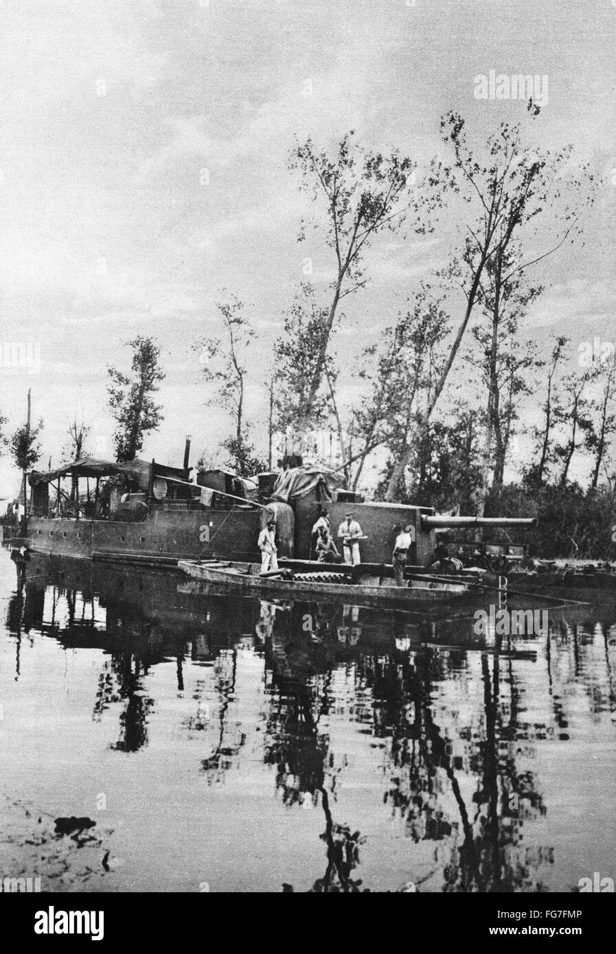 WORLD WAR I: ARMED BARGE. /nA French barge armed with cannons to deter ...