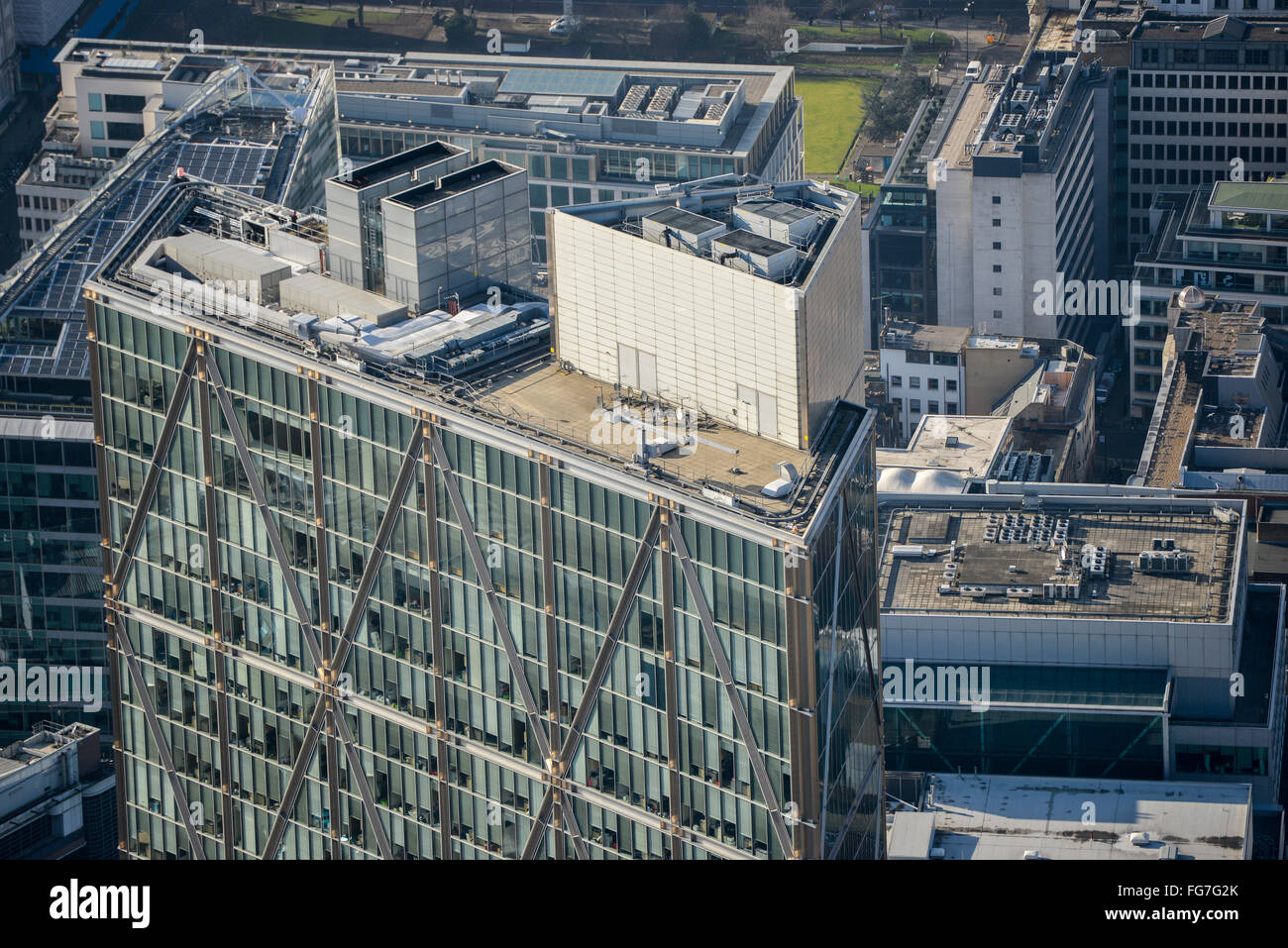 A close up aerial view of the top of Broadgate Tower in the City of ...