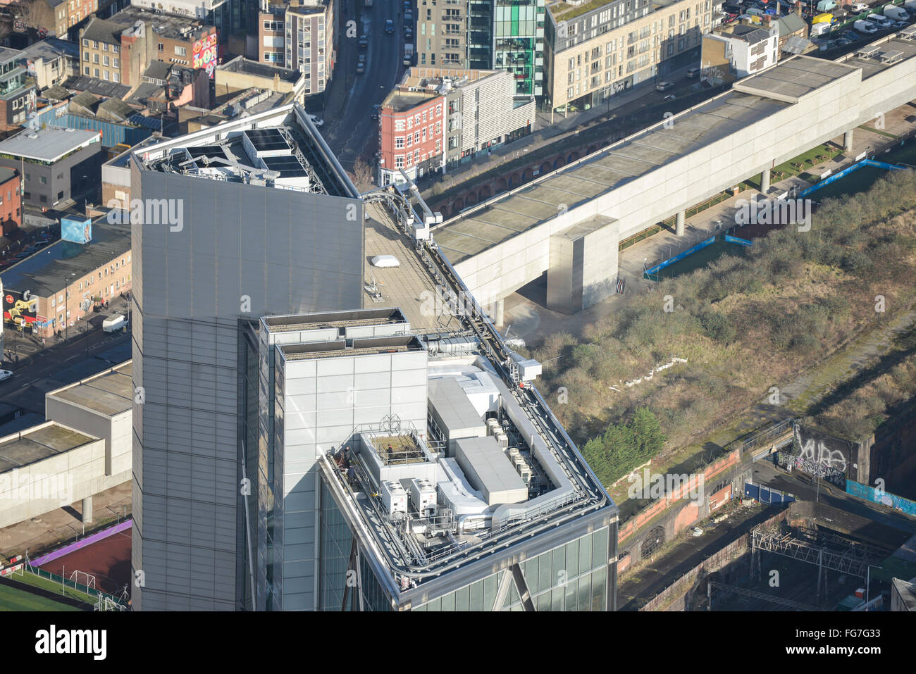 A close up aerial view of the top of Broadgate Tower in the City of ...