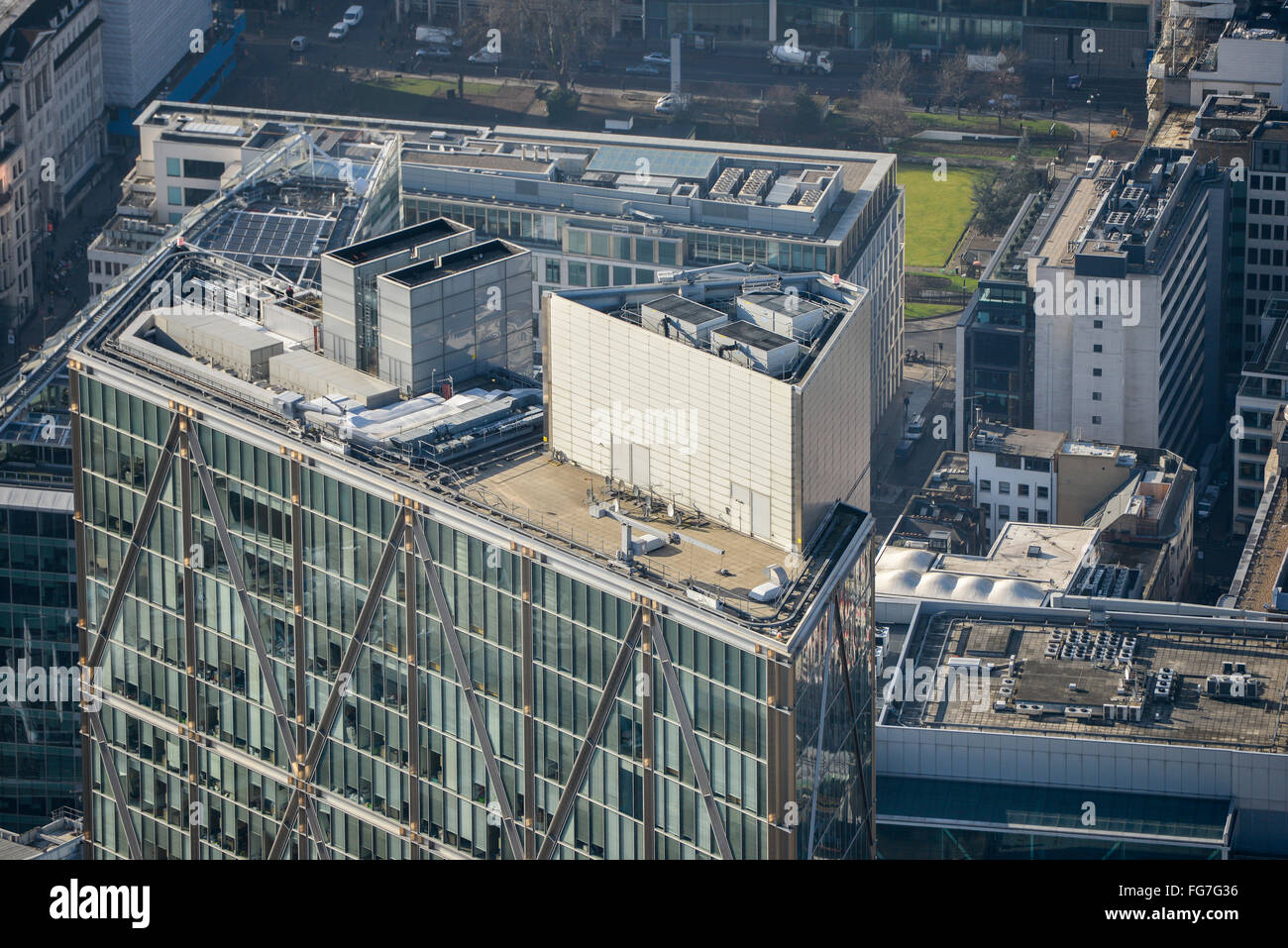 A close up aerial view of the top of Broadgate Tower in the City of ...