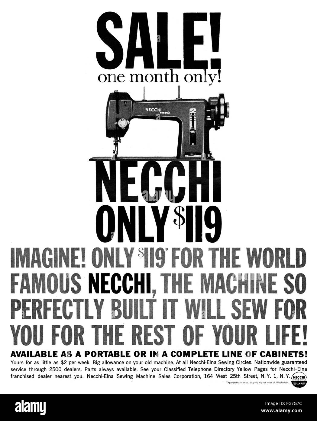 AD: SEWING MACHINE, 1959. /nAmerican advertisement for Necchi sewing ...