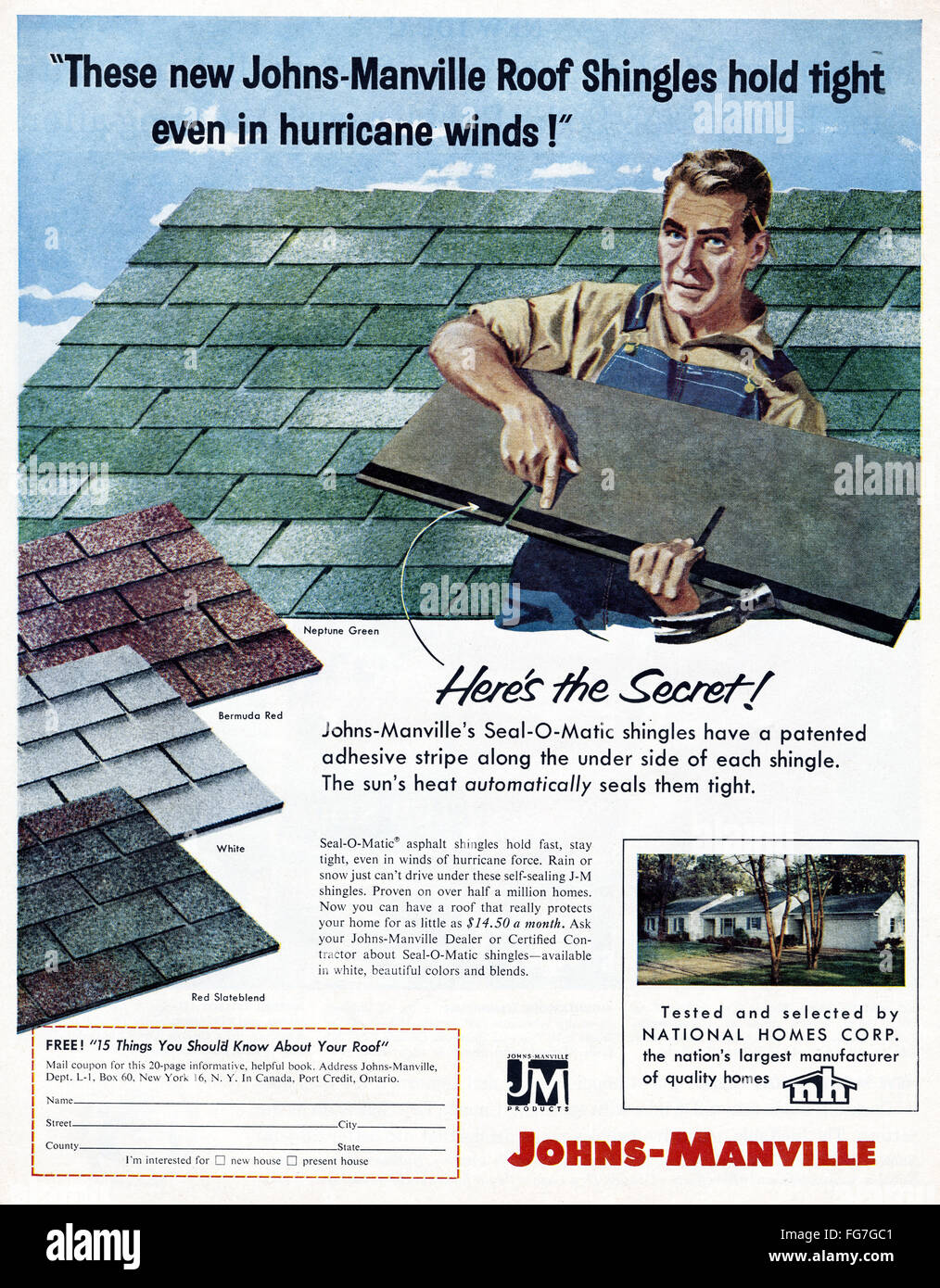 AD: ROOF SHINGLES, 1959. /nAmerican advertisement for Johns-Manville ...