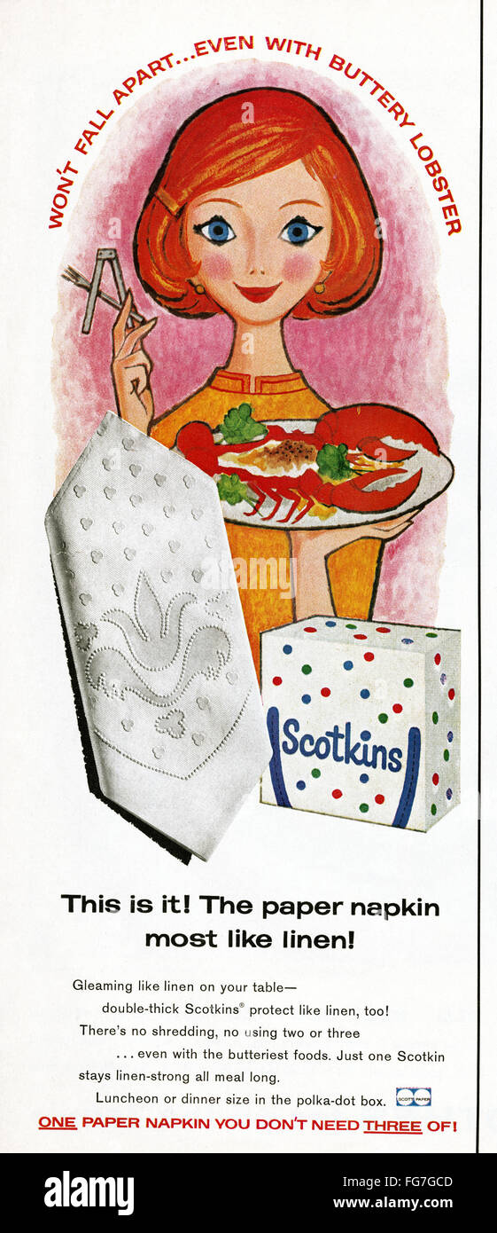 AD: NAPKINS, 1959. /nAmerican advertisement for Scotkins napkins ...