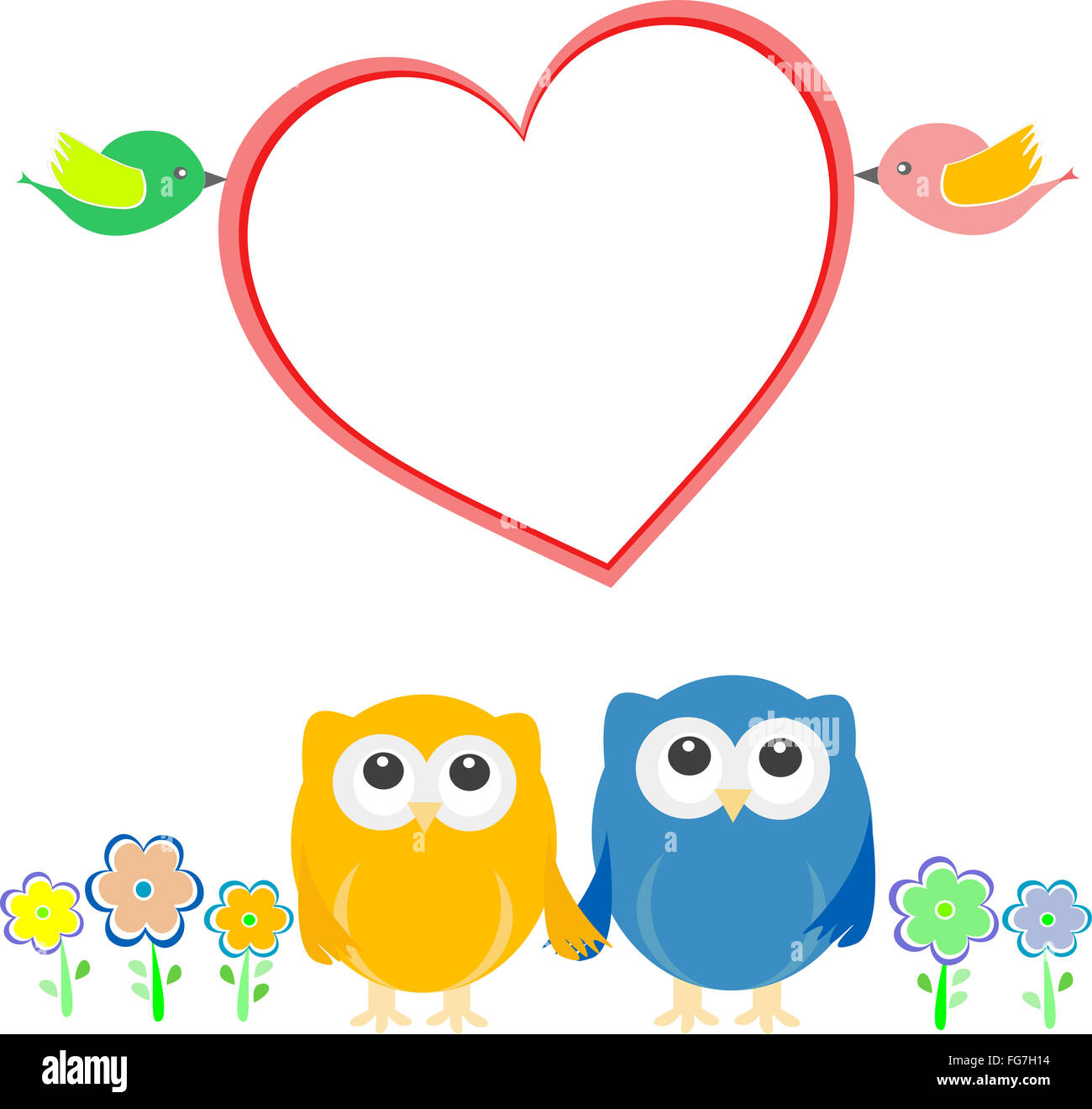 Valentine card with bird couple, owls and love heart Stock Photo - Alamy