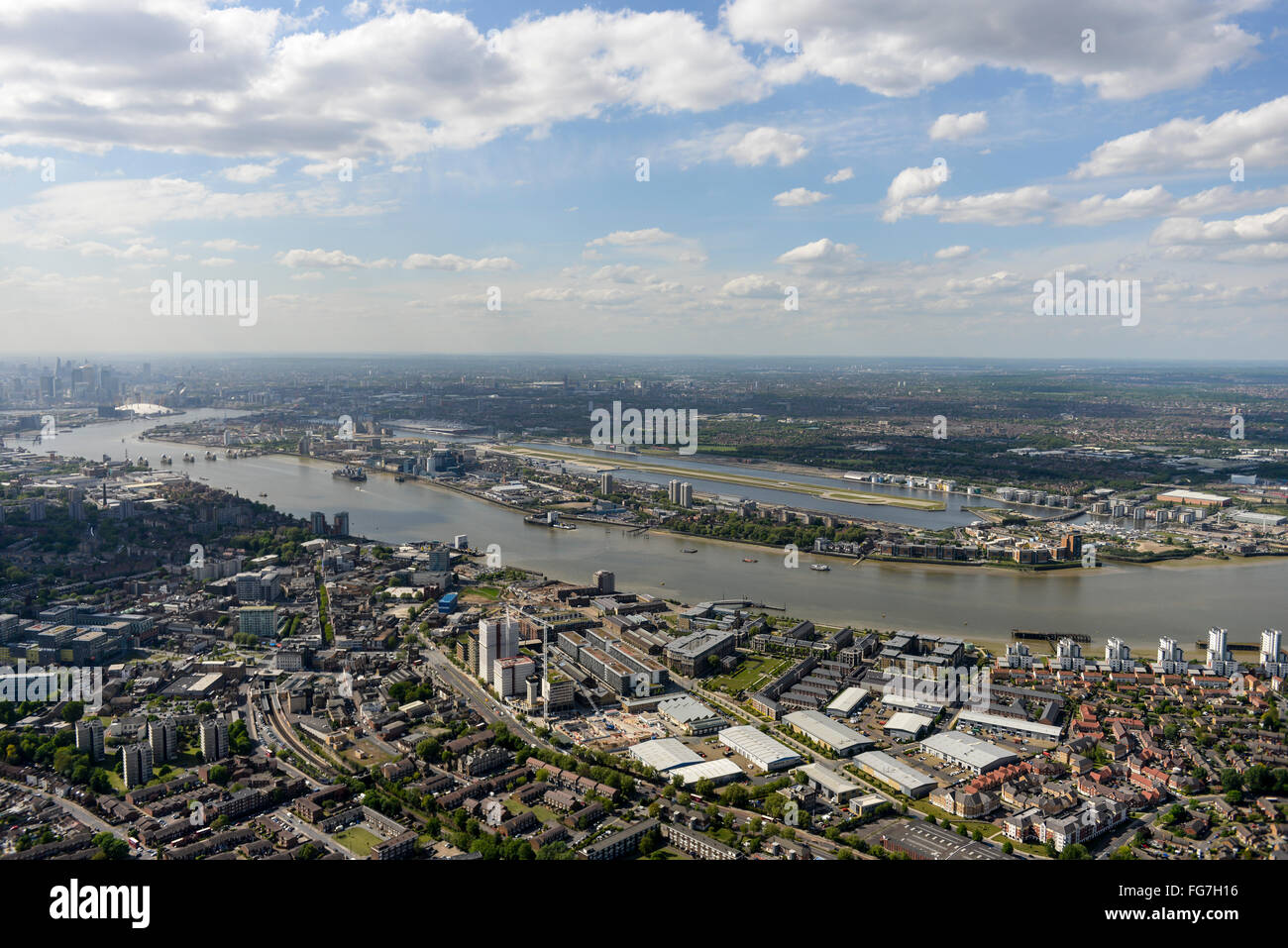 An aerial view of London, looking from Woolwich towards City Airport ...